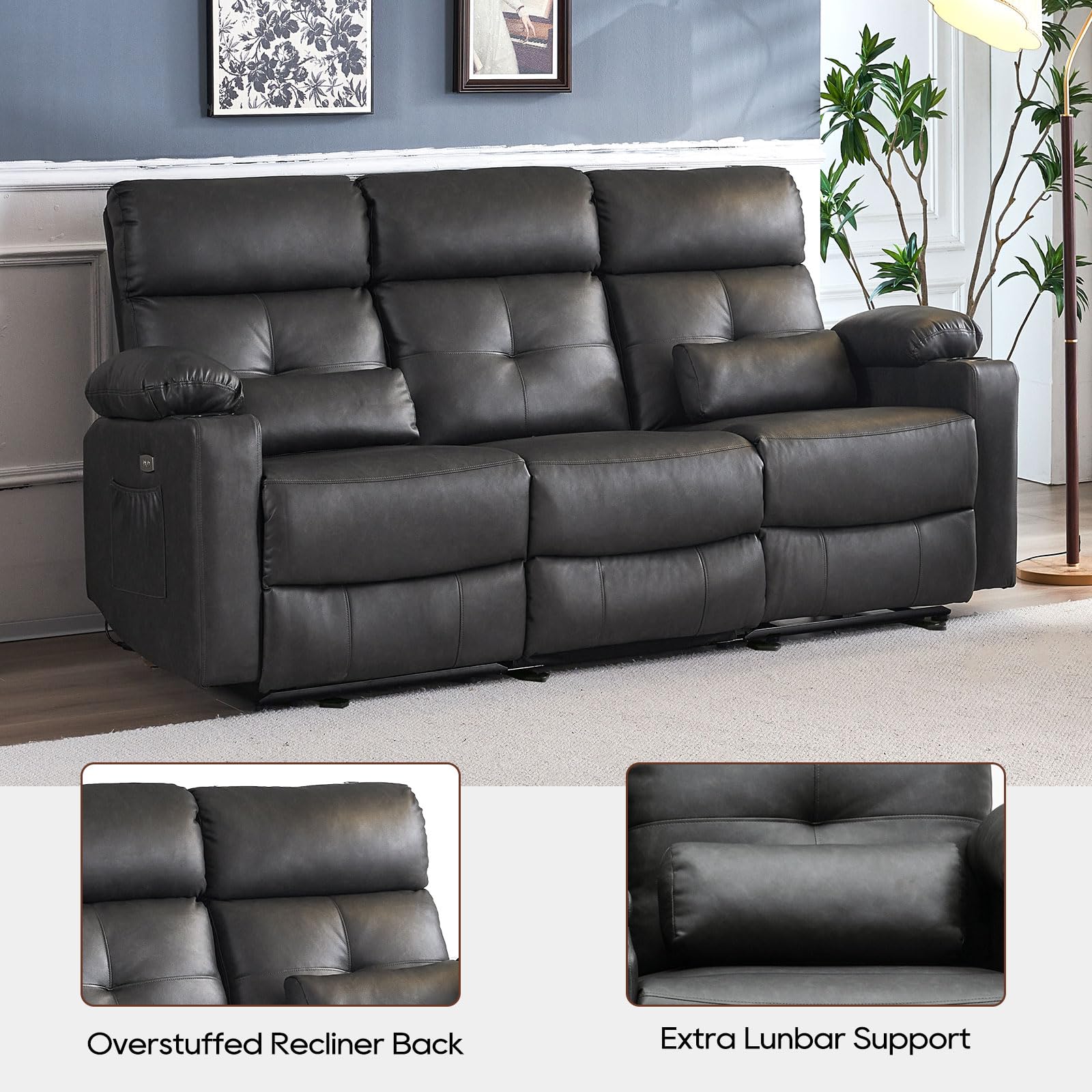 Consofa Power Reclining Sofa with Heat and Massage, Power Reclining Couch with Extended Footrest, Recliner Sofa 3 Seater with USB Ports & Cup Holders for Living Room, Home Theater Seating