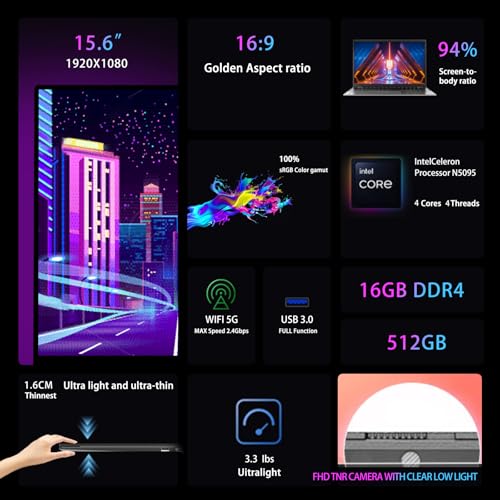 Morostron Win11 Laptop Computer, 15.6 Inch N5095 Quad core 16GB RAM 512G SSD, FHD 1920 * 1080 IPS Display Notebook PC, Backlit Keyboard, Finger Print Touch ID, AC WiFi,All-Metal Body