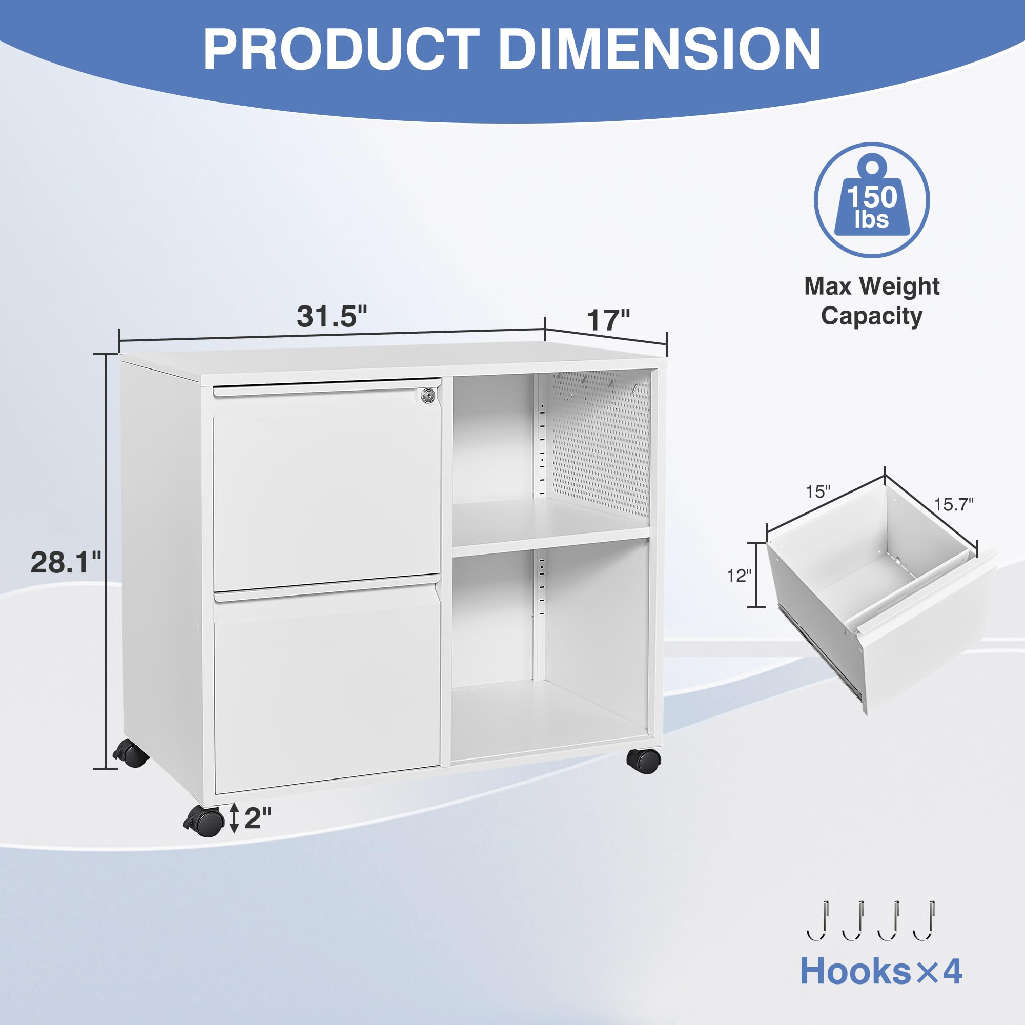 LISSIMO Metal File Cabinet,Lockable Lateral Filing Cabinet for Letter/A4 Size Files,Rolling Printer Stand with Adjustable Shelf & Lockable Wheelss for Home Office(White)