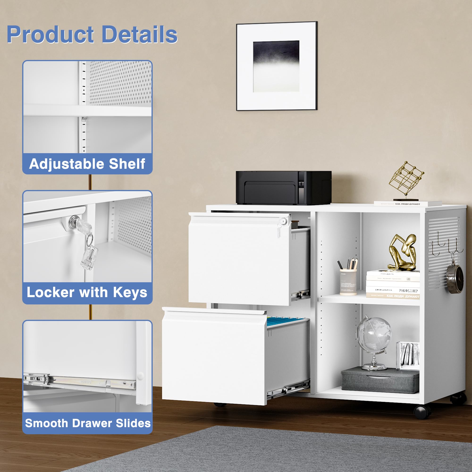 LISSIMO Metal File Cabinet,Lockable Lateral Filing Cabinet for Letter/A4 Size Files,Rolling Printer Stand with Adjustable Shelf & Lockable Wheelss for Home Office(White)