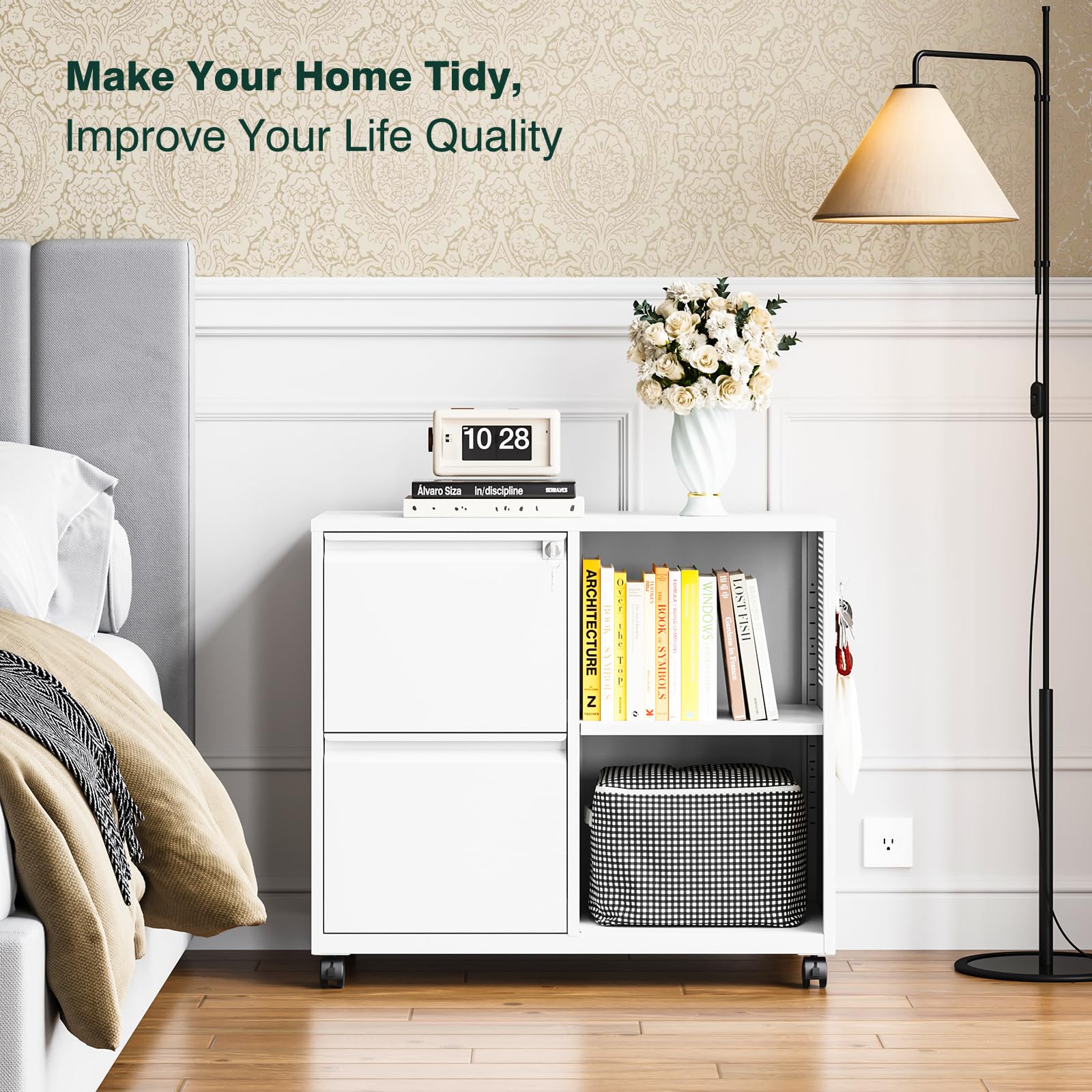 LISSIMO Metal File Cabinet,Lockable Lateral Filing Cabinet for Letter/A4 Size Files,Rolling Printer Stand with Adjustable Shelf & Lockable Wheelss for Home Office(White)