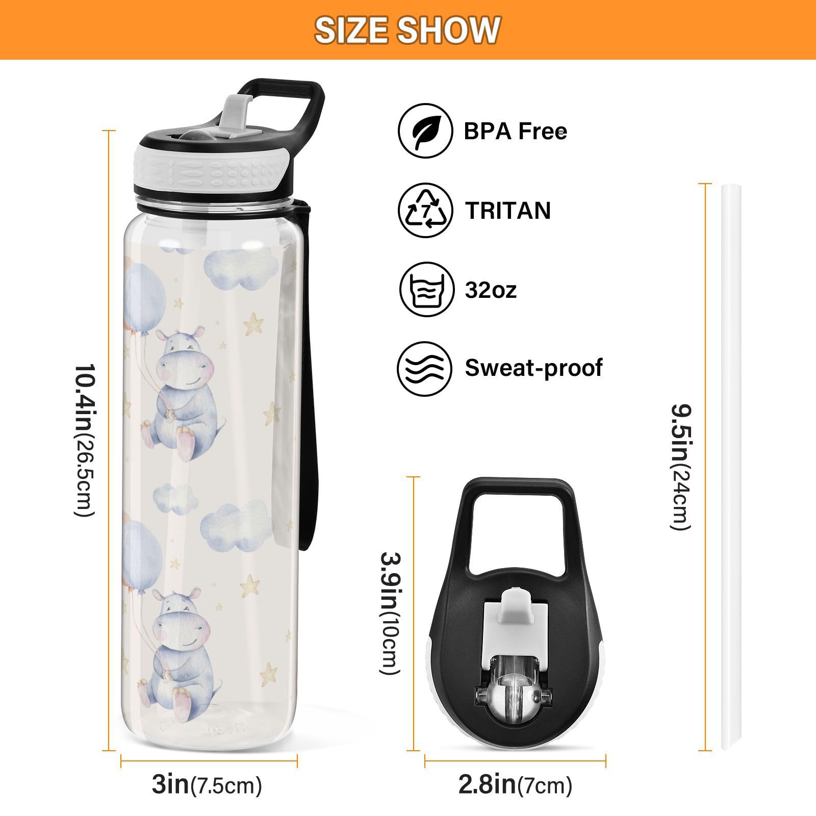 FLildon Cloudy Hippo Water Bottle with Straw Lid 32oz Leakproof Clear Gym Water Bottles for Women Men Outdoor Sport Drinking