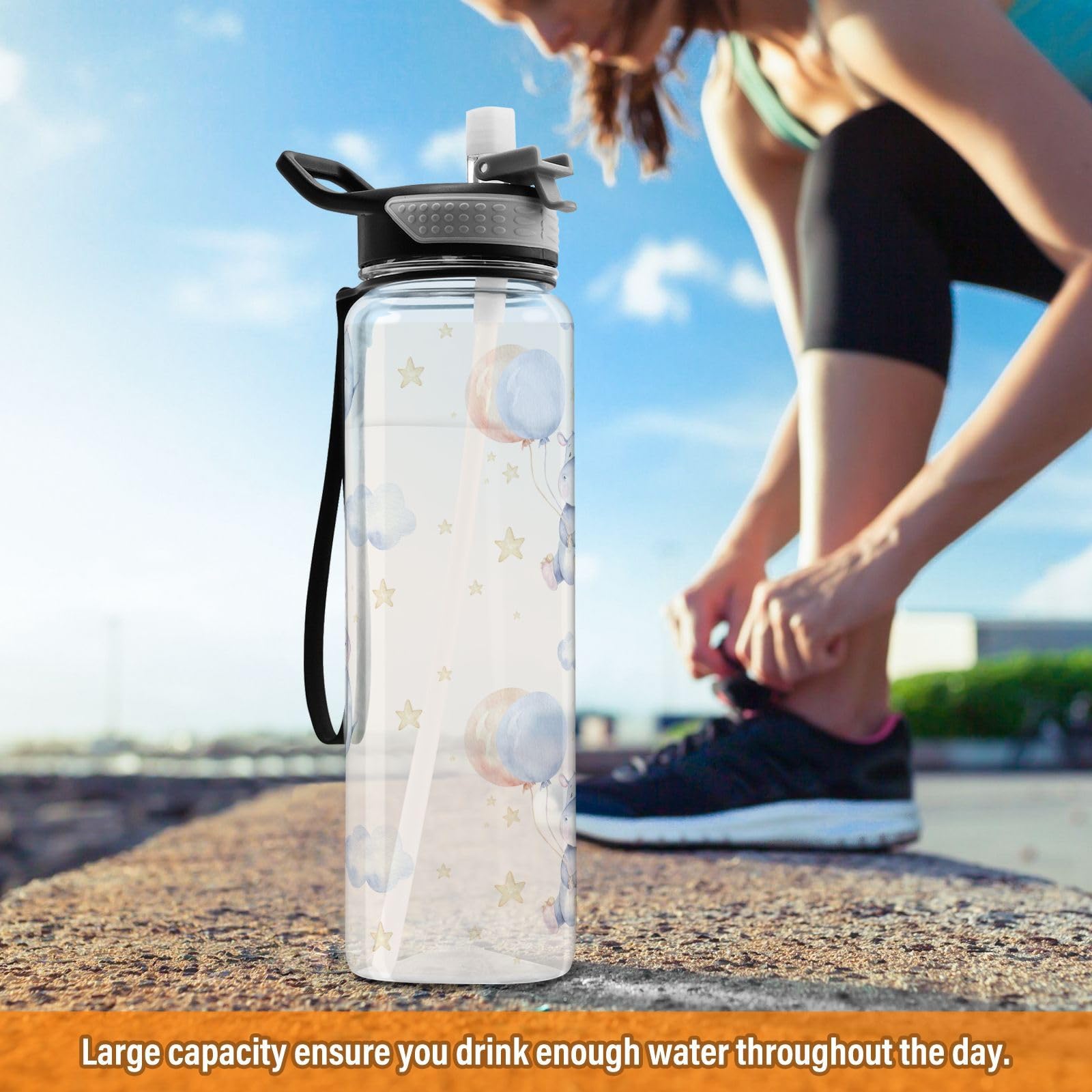 FLildon Cloudy Hippo Water Bottle with Straw Lid 32oz Leakproof Clear Gym Water Bottles for Women Men Outdoor Sport Drinking