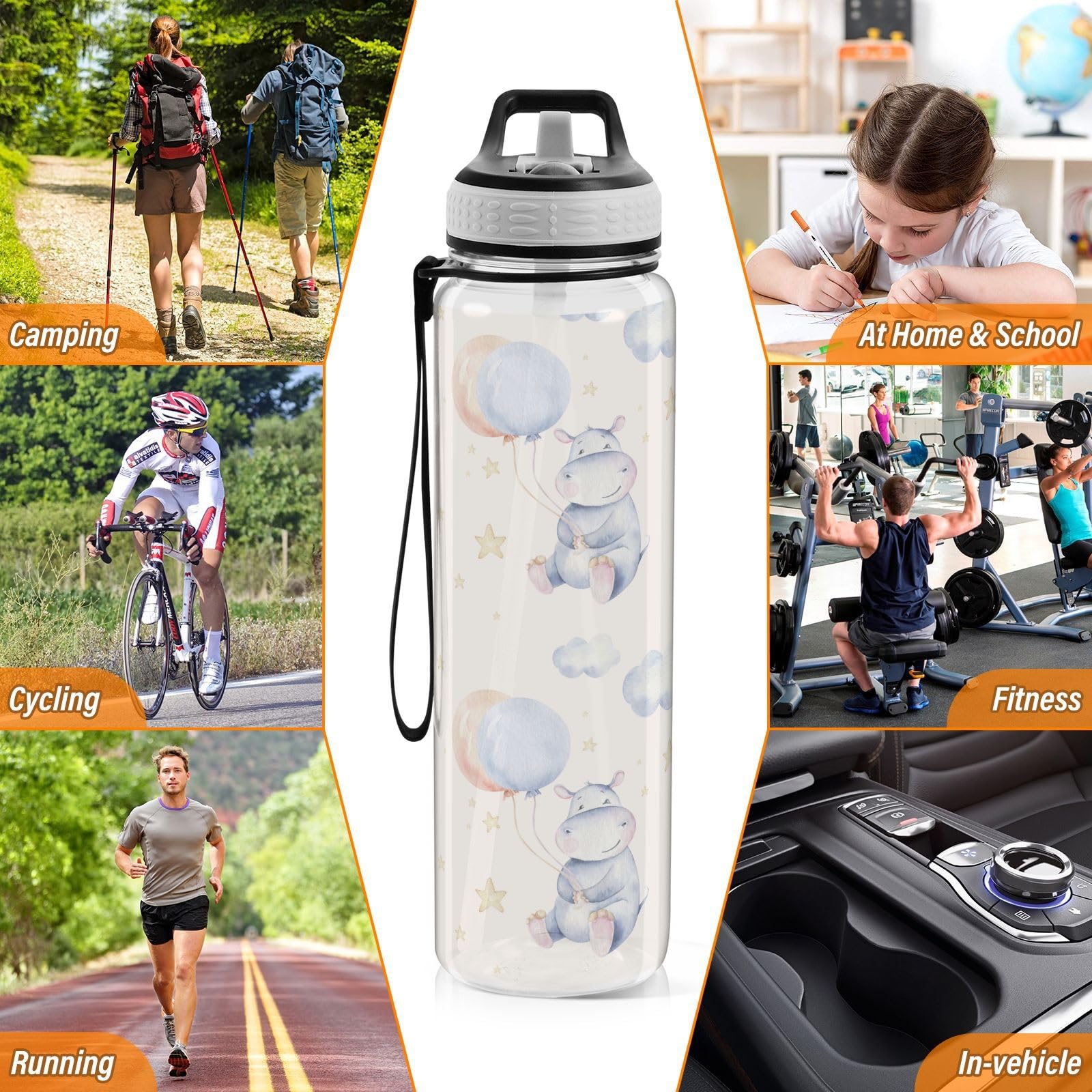 FLildon Cloudy Hippo Water Bottle with Straw Lid 32oz Leakproof Clear Gym Water Bottles for Women Men Outdoor Sport Drinking