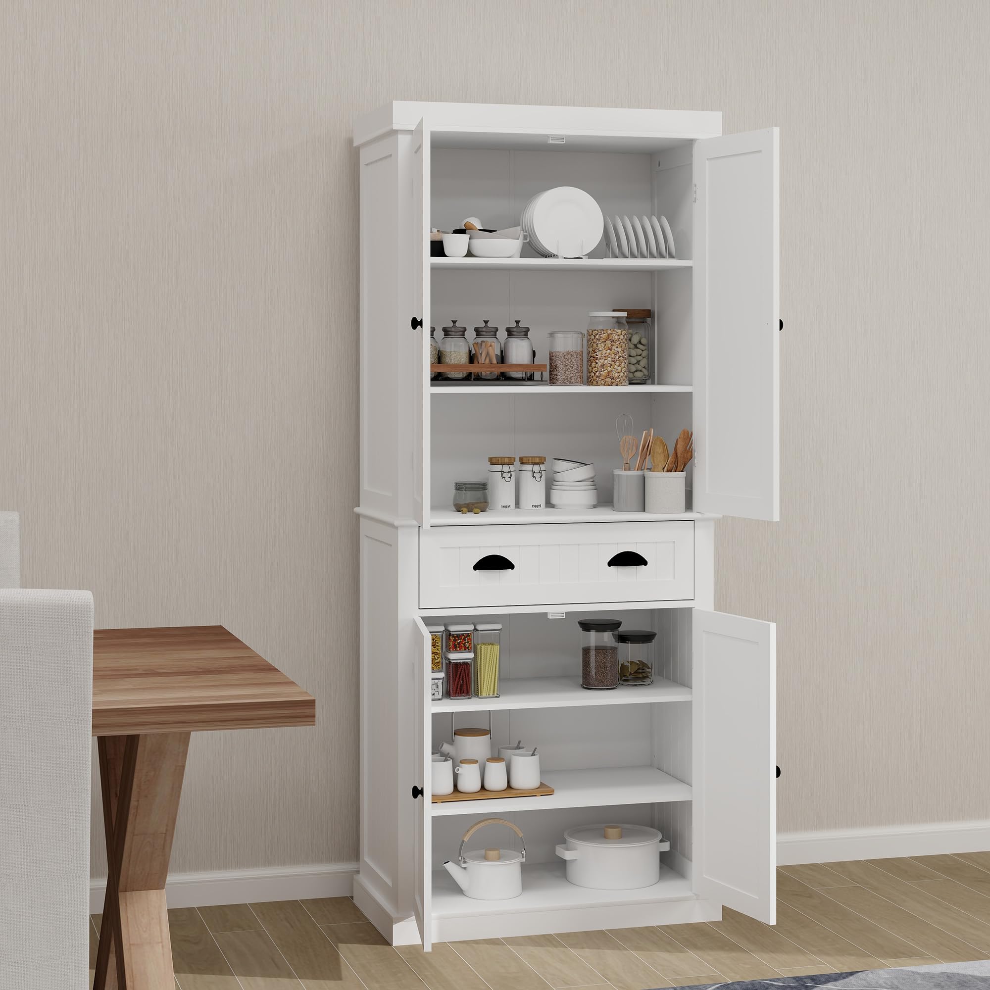 Locsear 71.65" Kitchen Pantry Cabinet, Traditional Freestanding Tall Storage Cabinet Cupboard with 4 Doors, 1 Drawer, and 4 Shelves, White