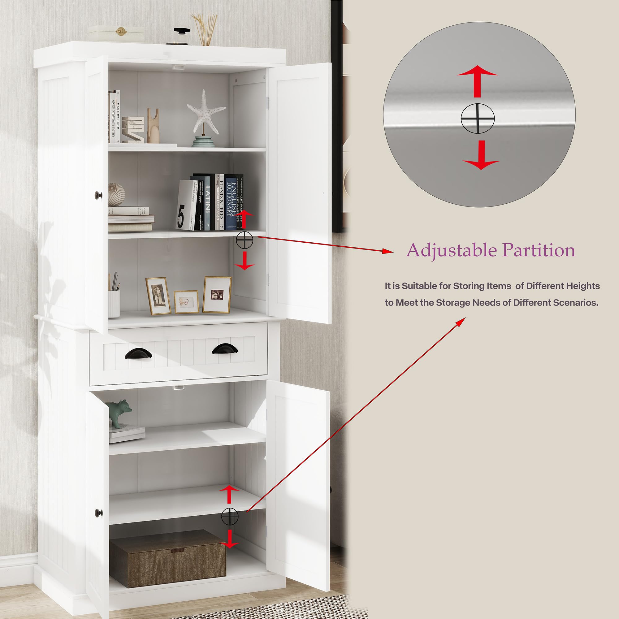 Locsear 71.65" Kitchen Pantry Cabinet, Traditional Freestanding Tall Storage Cabinet Cupboard with 4 Doors, 1 Drawer, and 4 Shelves, White