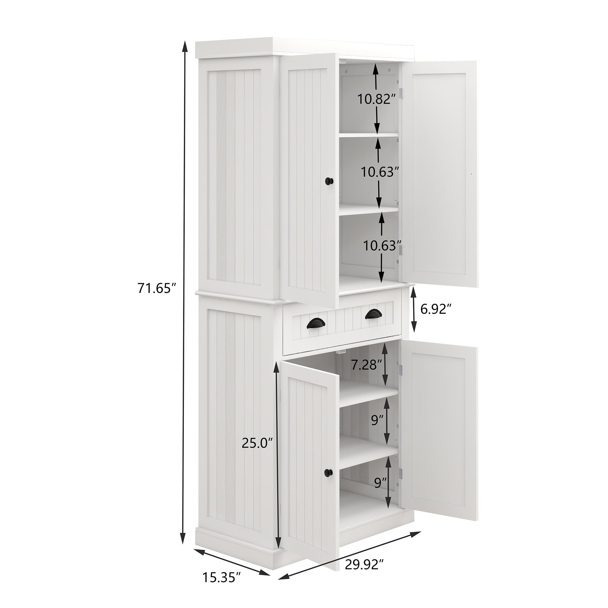 Locsear 71.65" Kitchen Pantry Cabinet, Traditional Freestanding Tall Storage Cabinet Cupboard with 4 Doors, 1 Drawer, and 4 Shelves, White