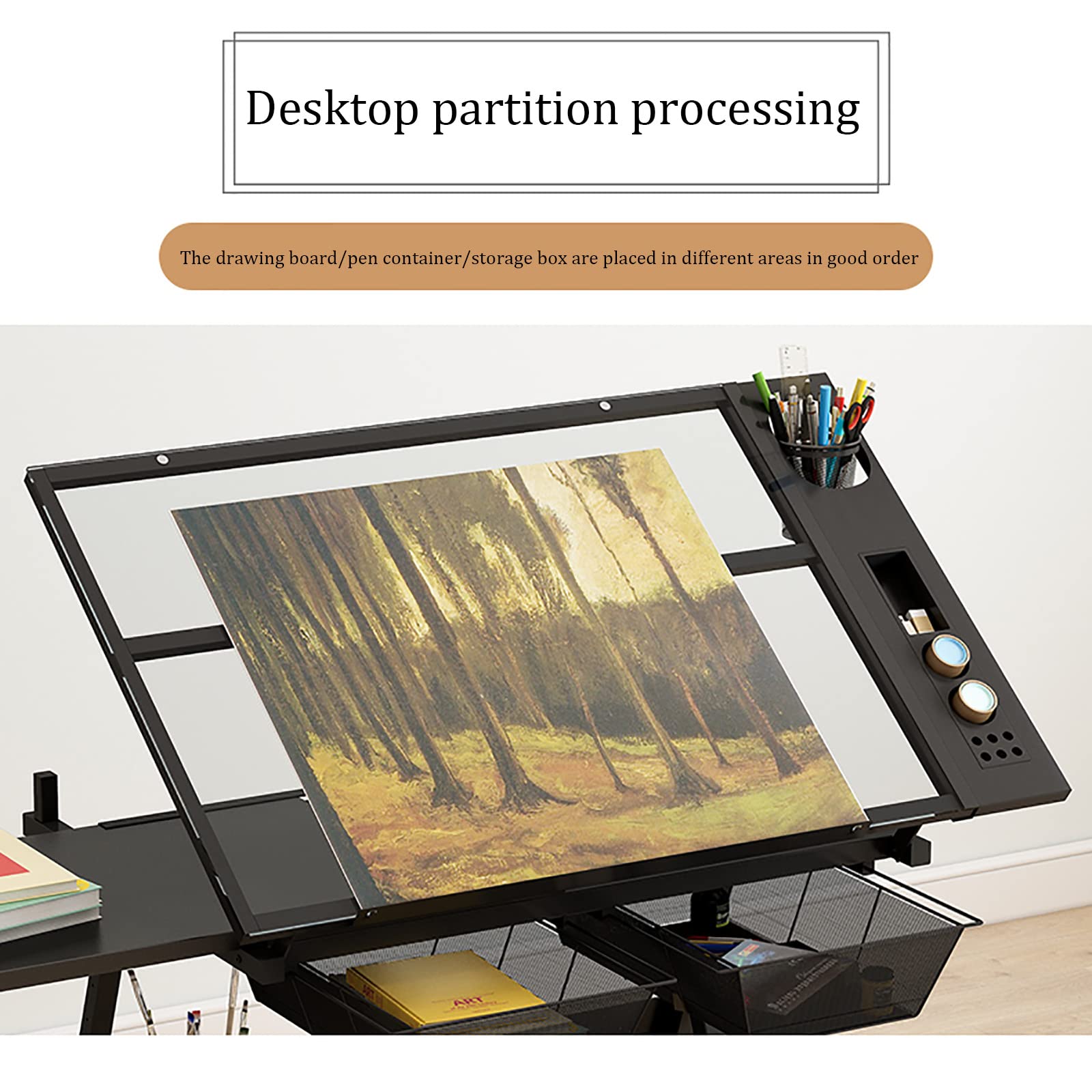 Drafting Desk, Glass Drafting Table Art Desk with Stool, Height Adjustable Drawing Desk Art Table for Artists, Upgraded Tiltable Tabletop Art Craft Desk Painting Work Station for Reading Writing Draw