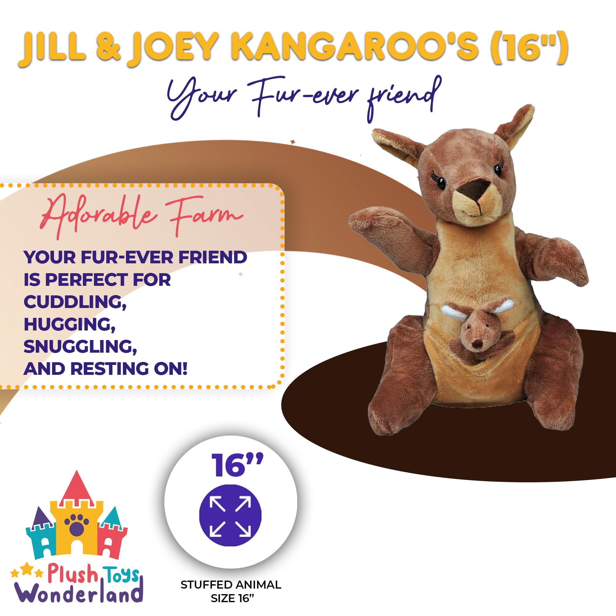 Jill & Joey Kangaroo Plush Toy - 16-Inch Stuffed Kangaroo with Joey for Kids 3 and Up β Soft Cuddly Plush Animal for Playtime, Snuggling, and Gifting