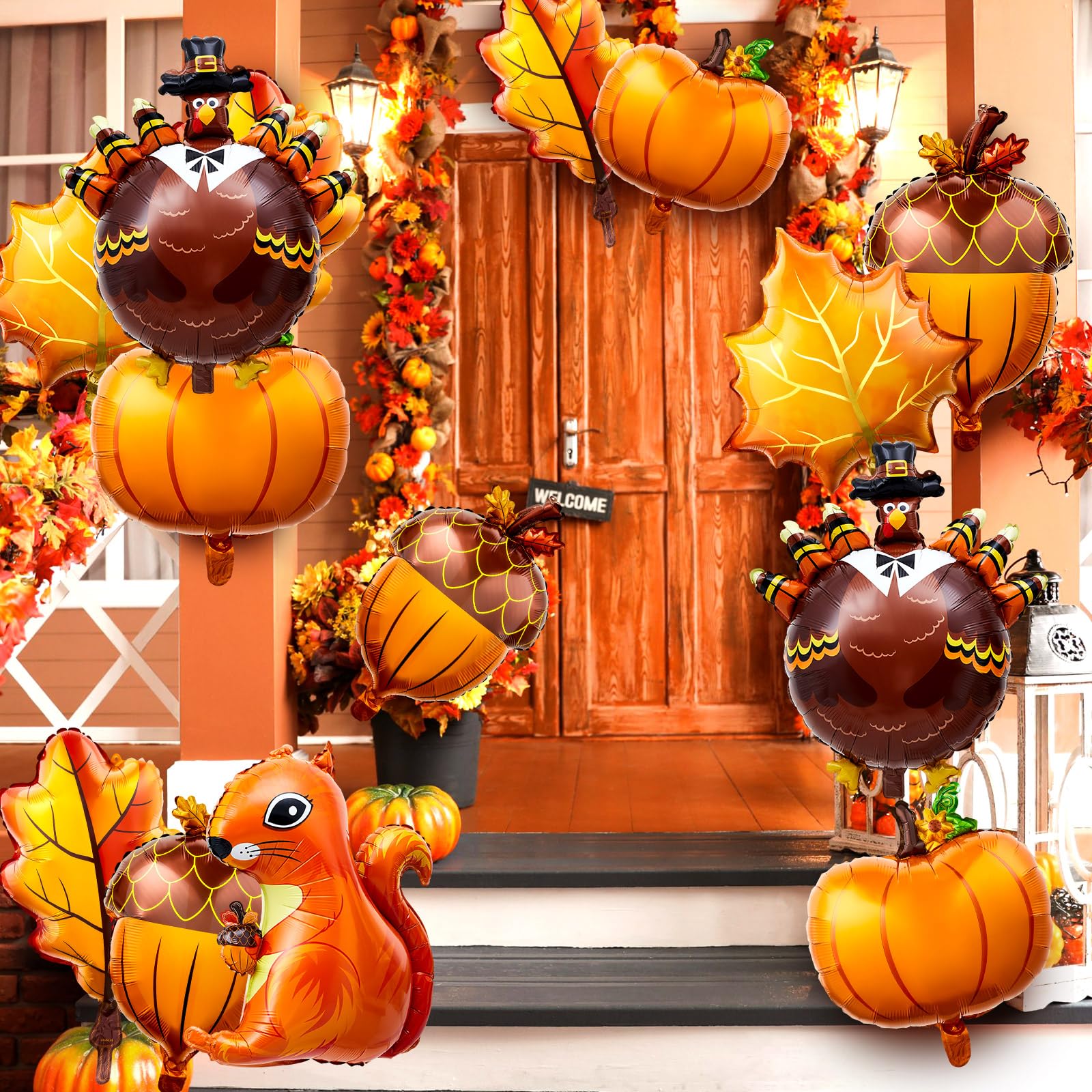 Gemscream 18 Pcs Thanksgiving Foil Balloons Set Large Happy Fall Balloons Maple Leaf Pine Cones Pumpkin Leaf Turkey Squirrel Thanksgiving Balloons for Autumn Theme Festival Party Supplies