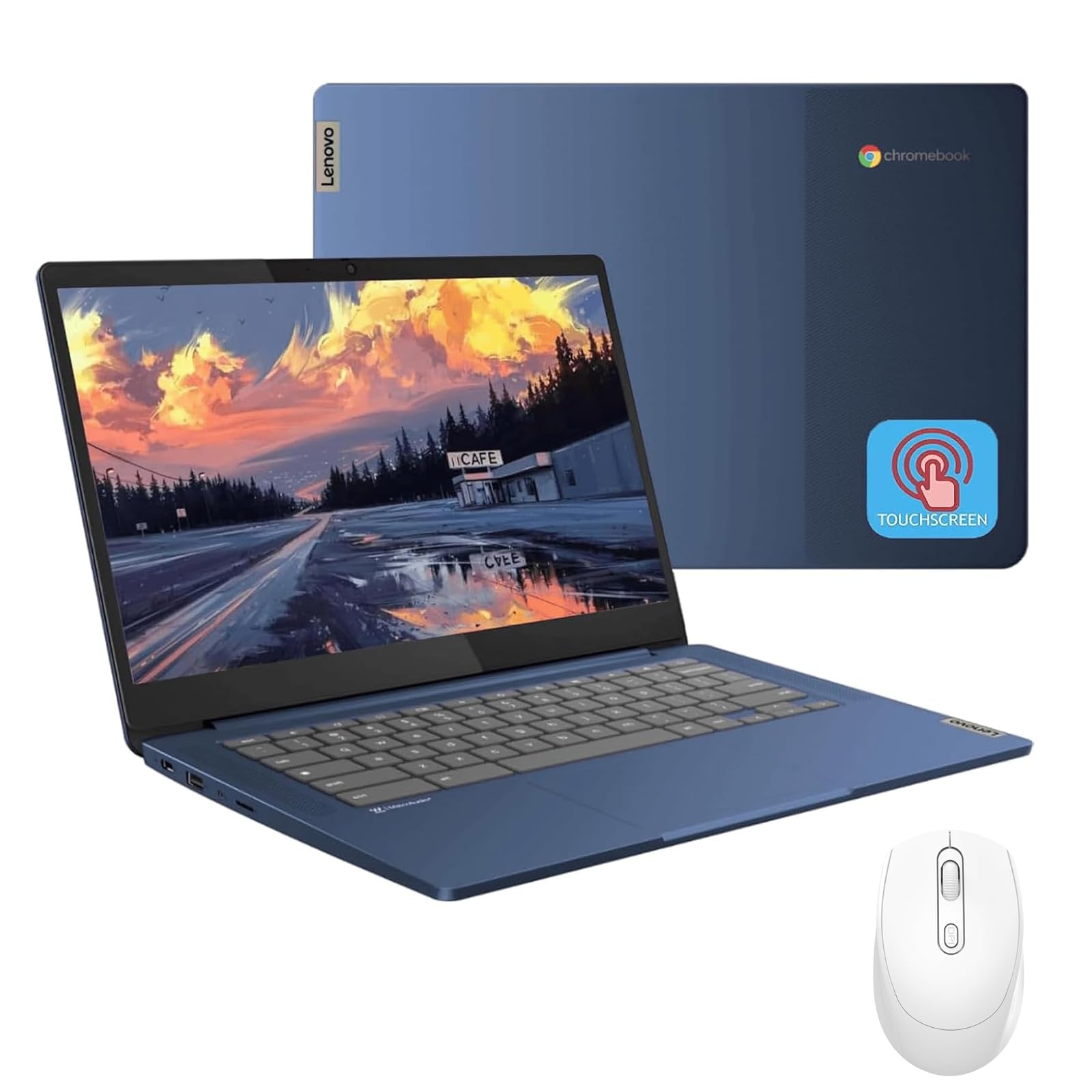 Lenovo ideaPad Slim-3 Chromebook Laptop - 14" Touchscreen for Student and Business, MediaTek Kompanio 520 (8-Core), 4GB RAM, 64GB eMMC, 14H Long Battery Life, Wi-Fi 6, Webcam, Chrome OS, with Mouse