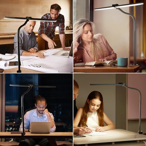 Jeagop LED Desk Lamp for Home Office, 24W Double Head Architect Desk Lamp with Clamp, Remote Control, Adjustable Gooseneck, Stepless Dimming and Tempering Desk Light for Reading Study Drafting