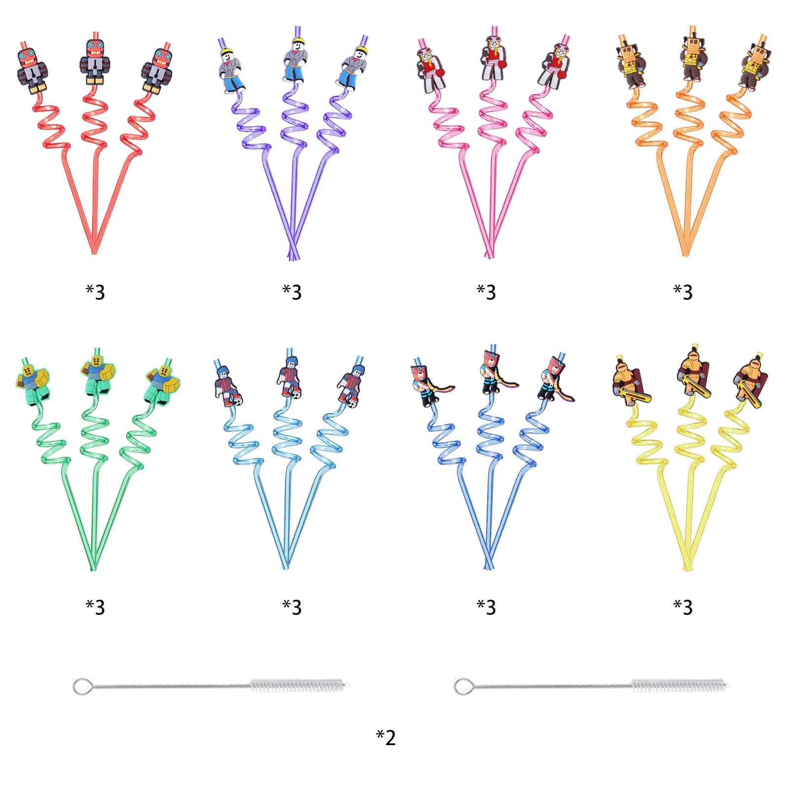 24 Pcs Robot Party Supplies Favors Drinking Straw, Kids Party Favor, Plastic Reusable Loop Drinking Straw with Cute the Characters, 2-Pcs Cleaning Brush
