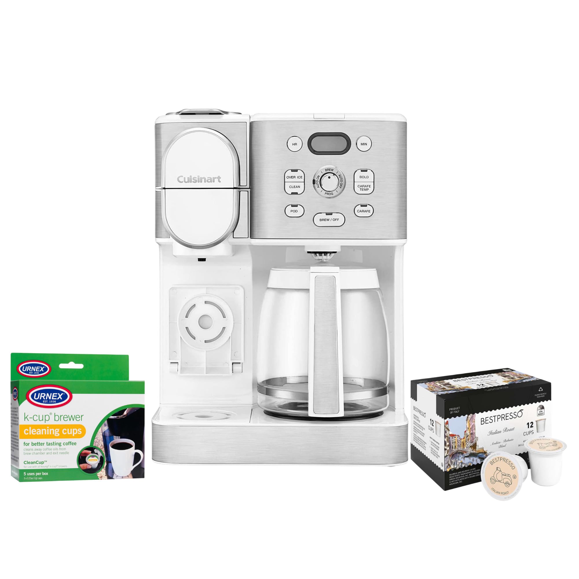 Cuisinart SS-16W Stainless Steel Coffee Maker (White) - 25% Faster Brewing, Combo Coffee Center for Rich Coffee Bundle with Italian Roast Single-Serve K-Cup Pods, and Brewer Cleaning Cups (3 Items)