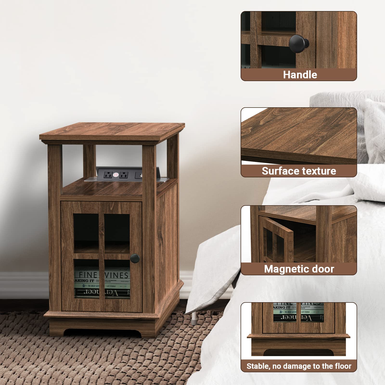 FAGAGA End Table with Charging Station, Storage Side Table with USB Ports and Outlets, Wooden Nightstand for Living Room/Bedroom/Office