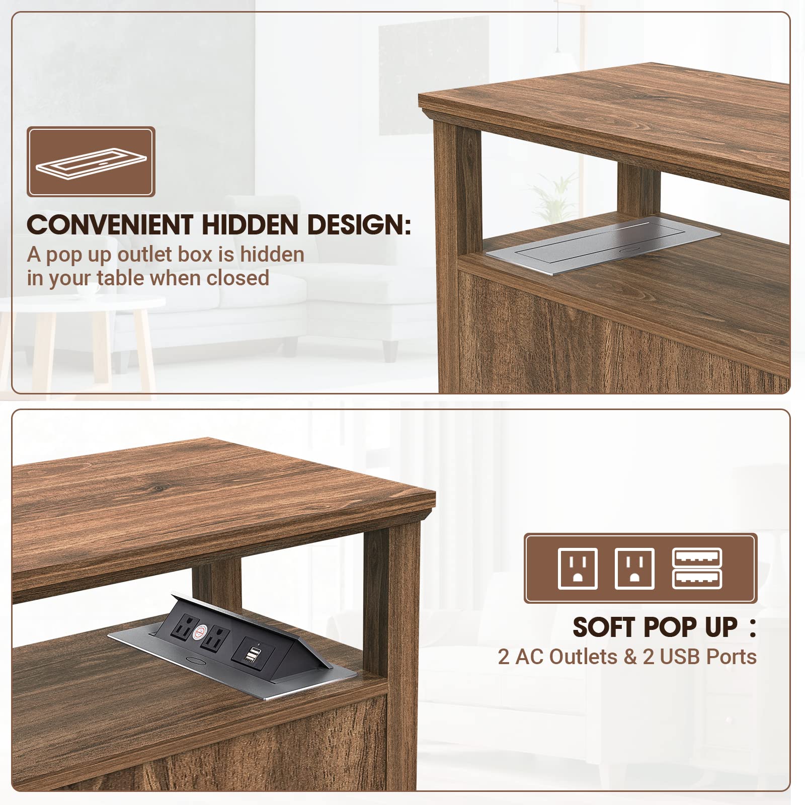 FAGAGA End Table with Charging Station, Storage Side Table with USB Ports and Outlets, Wooden Nightstand for Living Room/Bedroom/Office