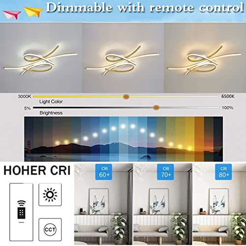 MayNuo Led Ceiling Light Gold Dimmable Living Room Lamp Chic Fashion Design Dining Table Lamps Modern Ceiling Lamp with Remote Control for Bedroom, Kitchen, Dining Room, 68Watt, L100Cm (Gold)