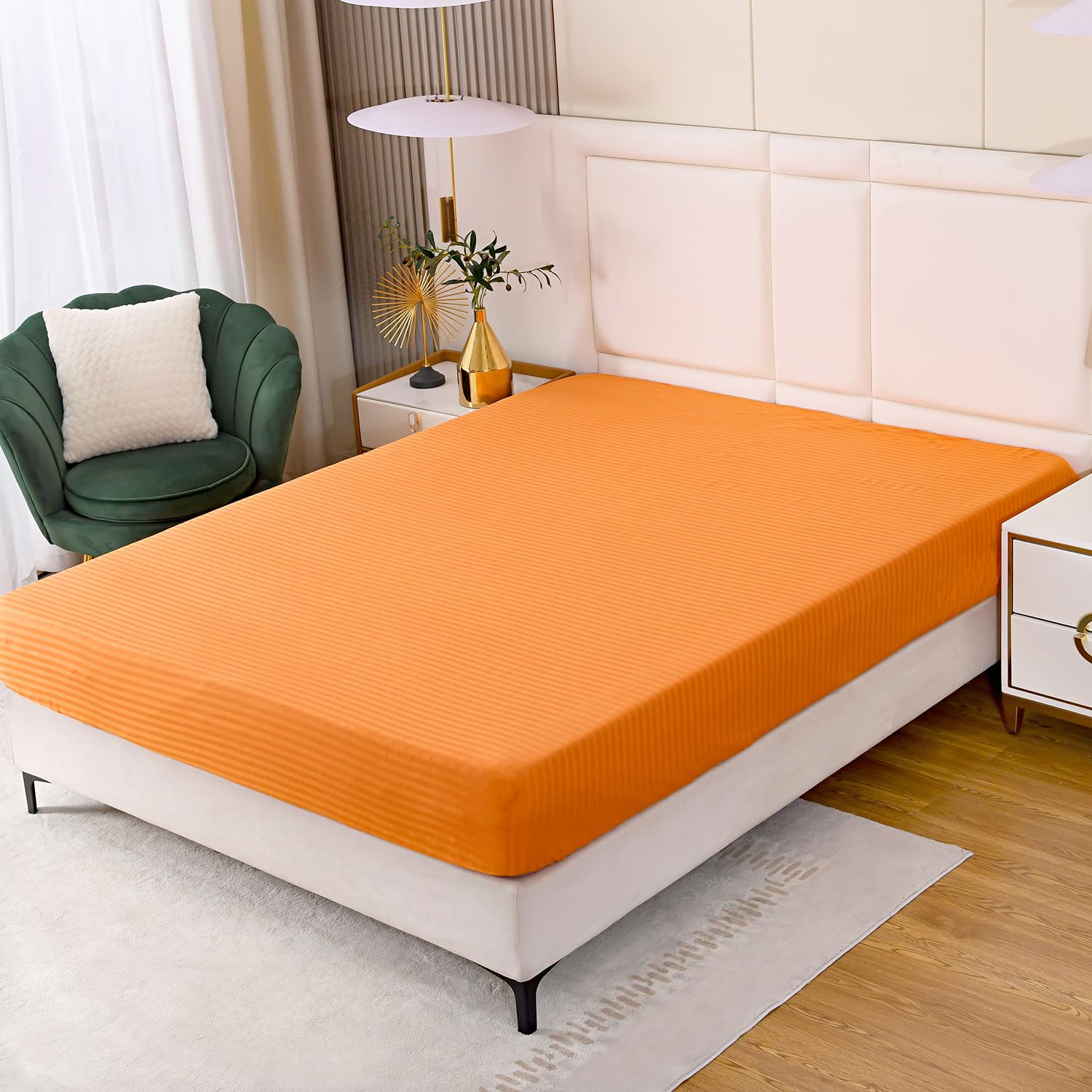 LweiPsqLin 100% Cotton Sheet Set Full Size - Pure Bed Sheets-Damask Stripe Sheet Set 600 Thread Count,Extra Deep Pocket Elastic Fits Mattress Perfectly,4 Pieces (Orange, Full)