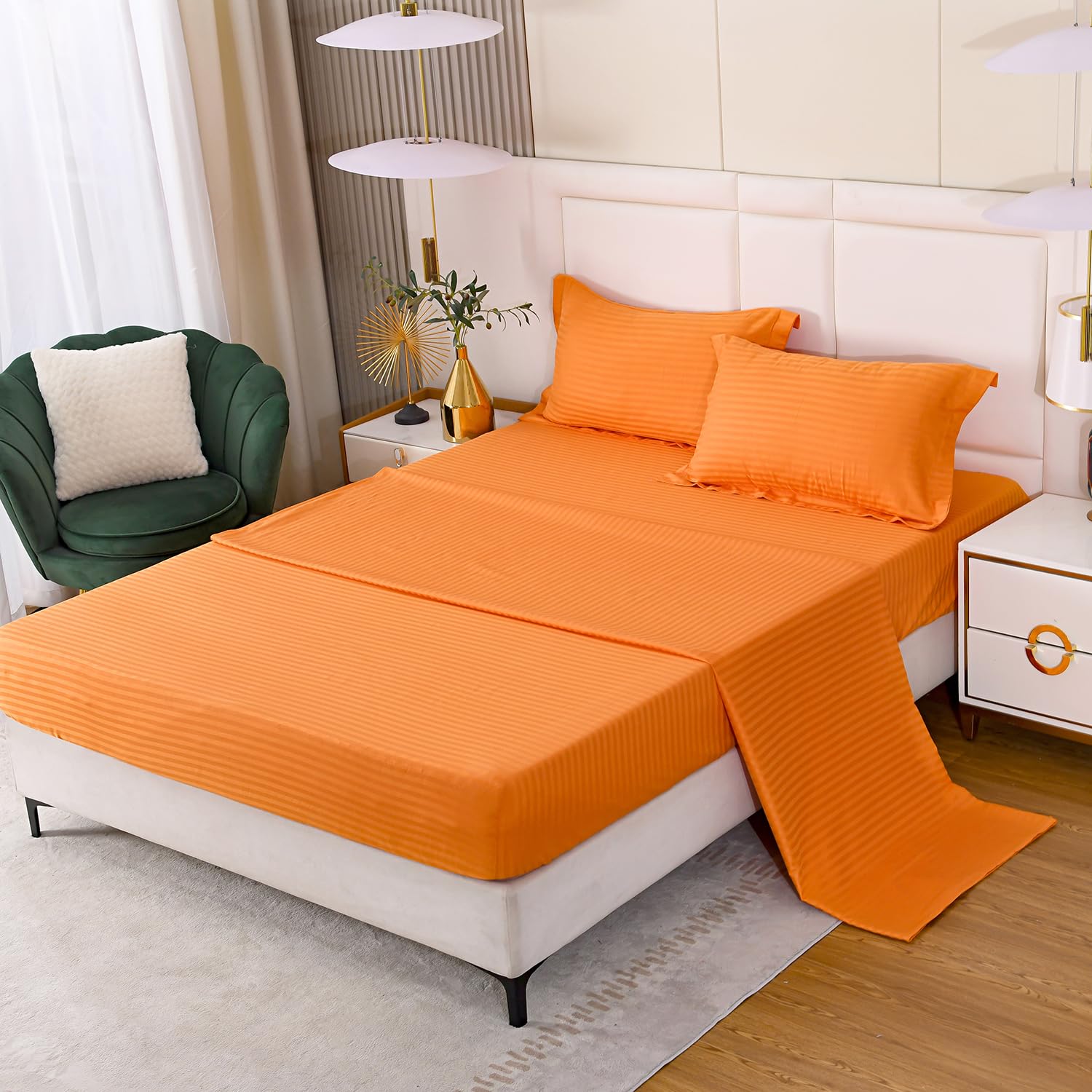 LweiPsqLin 100% Cotton Sheet Set Full Size - Pure Bed Sheets-Damask Stripe Sheet Set 600 Thread Count,Extra Deep Pocket Elastic Fits Mattress Perfectly,4 Pieces (Orange, Full)