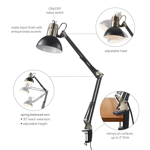 Globe Electric 62000009 32" Multi-Joint Desk Lamp with Metal Clamp, Matte Black, Antique Brass Accents, On/Off Rotary Switch on Shade, Partially Adjustable Swing Arm, Home Décor, Office Accessory