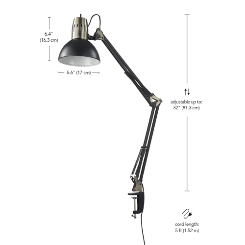 Globe Electric 62000009 32" Multi-Joint Desk Lamp with Metal Clamp, Matte Black, Antique Brass Accents, On/Off Rotary Switch on Shade, Partially Adjustable Swing Arm, Home Décor, Office Accessory