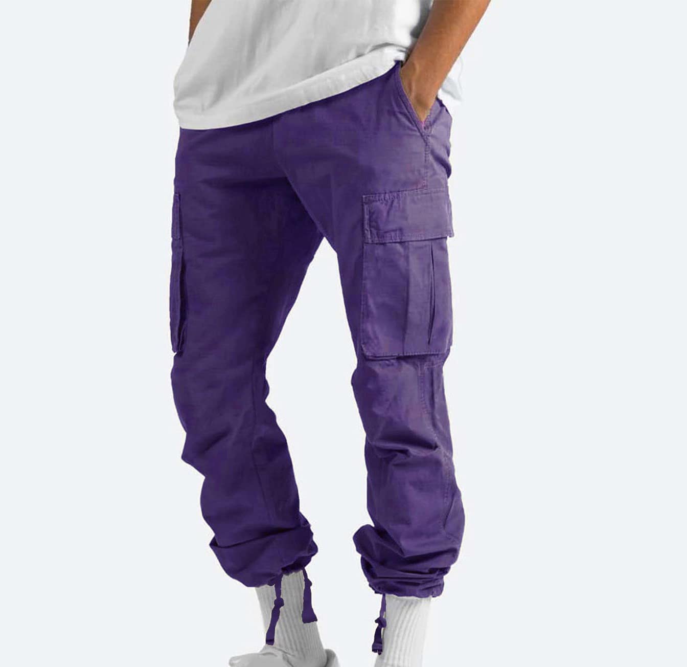 Your Orders Cargo Pants for Men Relaxed fit Hiking Joggers Sweatpants Casual Loose Cotton Drawstring Straight Pants with Pockets Men's Pants Elastic Waistband Jeans Purple 2X