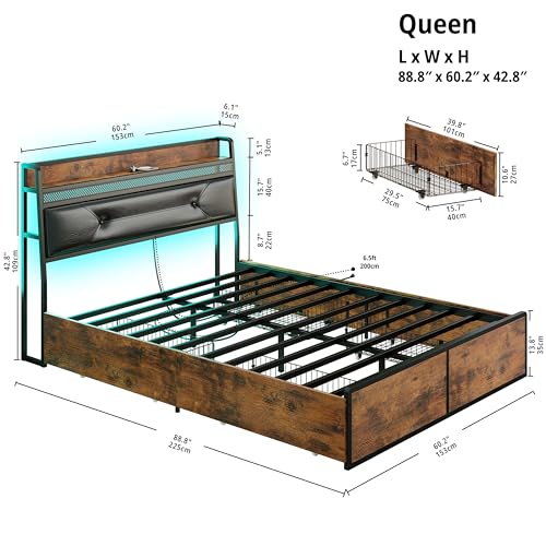 IRONCK Queen Size Bed Frame with 4 Drawers, Storage Headboard with Charging Station, RGB Lights, No Box Spring Needed, Noise Free, Easy Assembly