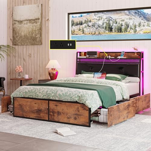 IRONCK Queen Size Bed Frame with 4 Drawers, Storage Headboard with Charging Station, RGB Lights, No Box Spring Needed, Noise Free, Easy Assembly