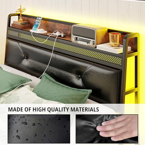 IRONCK Queen Size Bed Frame with 4 Drawers, Storage Headboard with Charging Station, RGB Lights, No Box Spring Needed, Noise Free, Easy Assembly