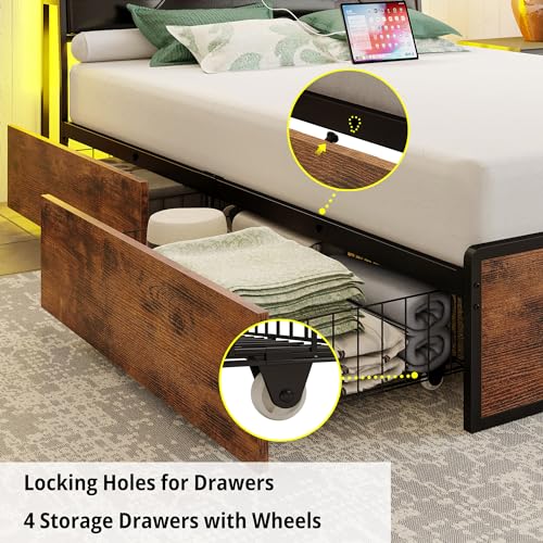 IRONCK Queen Size Bed Frame with 4 Drawers, Storage Headboard with Charging Station, RGB Lights, No Box Spring Needed, Noise Free, Easy Assembly
