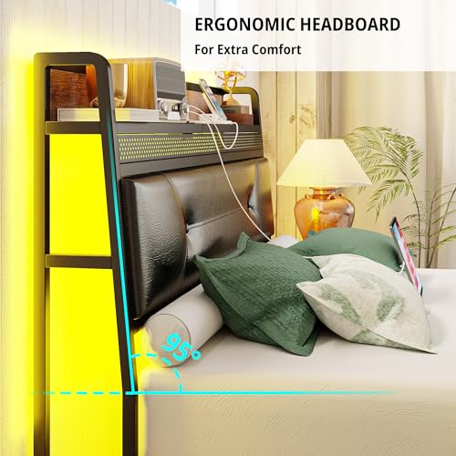 IRONCK Queen Size Bed Frame with 4 Drawers, Storage Headboard with Charging Station, RGB Lights, No Box Spring Needed, Noise Free, Easy Assembly