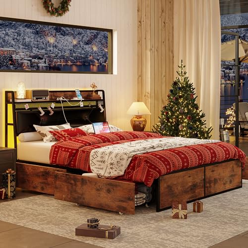 IRONCK Queen Size Bed Frame with 4 Drawers, Storage Headboard with Charging Station, RGB Lights, No Box Spring Needed, Noise Free, Easy Assembly