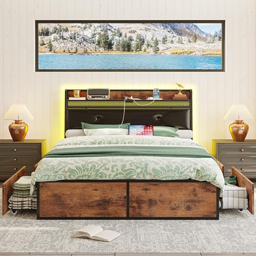 IRONCK Queen Size Bed Frame with 4 Drawers, Storage Headboard with Charging Station, RGB Lights, No Box Spring Needed, Noise Free, Easy Assembly