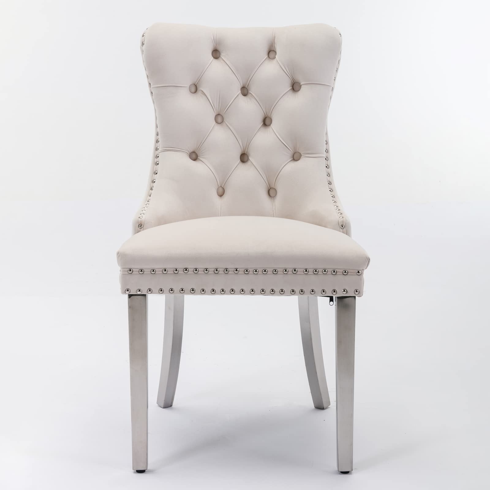 i-POOK Velvet Upholstered Dining Chairs Set of 2, Wingback Dining Room Chairs with Ring Pull, Nailhead Trim and Tufted Button Back, Luxury Dining Chairs for Living Room Kitchen, Beige