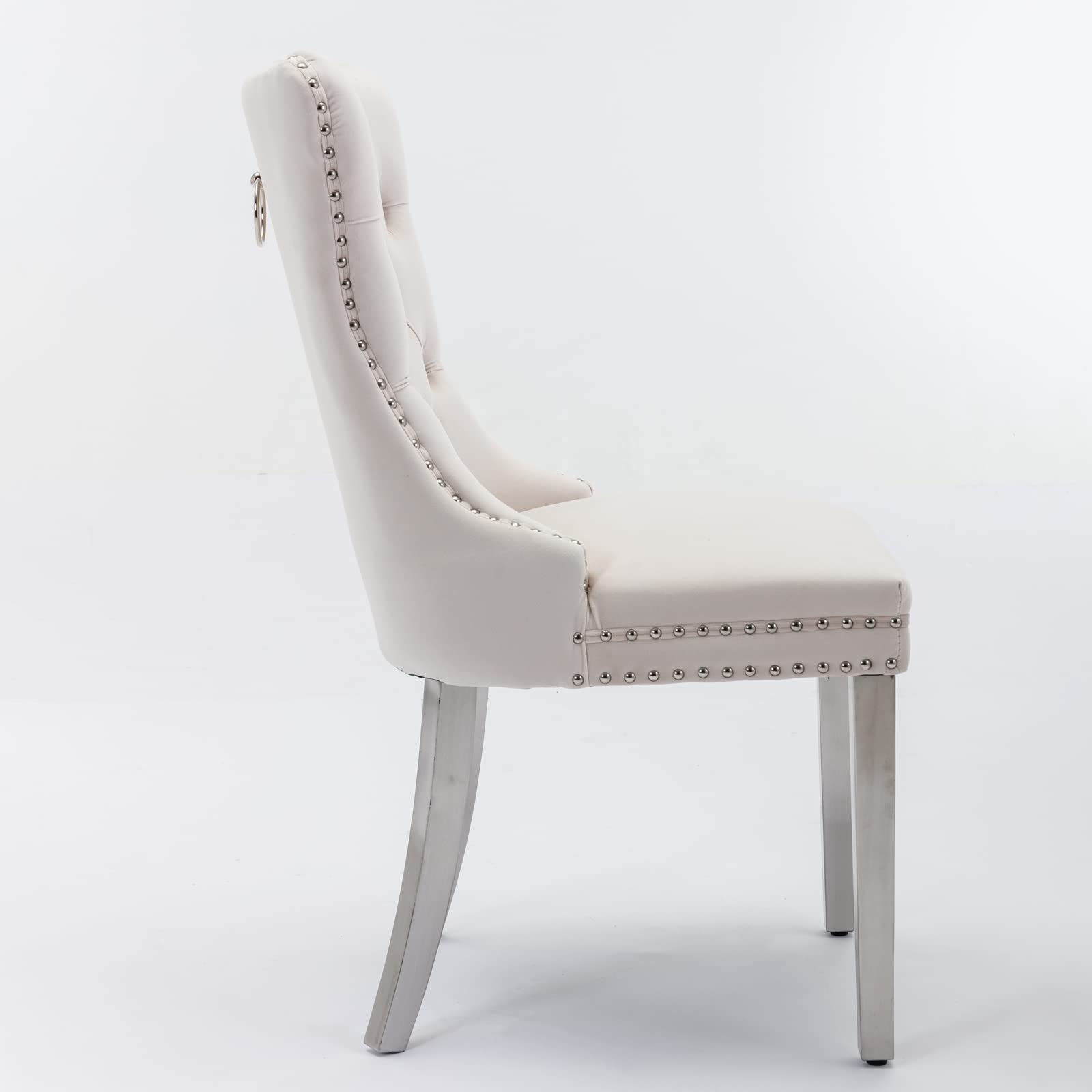 i-POOK Velvet Upholstered Dining Chairs Set of 2, Wingback Dining Room Chairs with Ring Pull, Nailhead Trim and Tufted Button Back, Luxury Dining Chairs for Living Room Kitchen, Beige