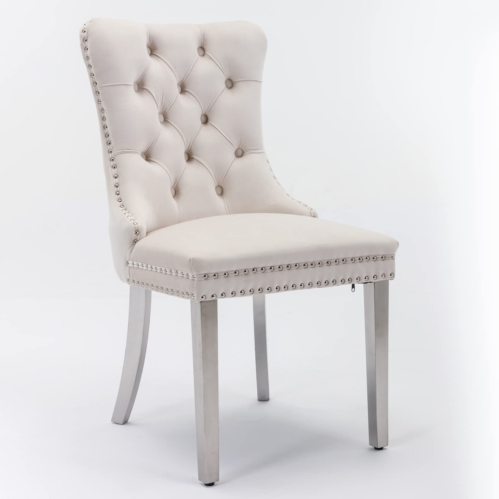 i-POOK Velvet Upholstered Dining Chairs Set of 2, Wingback Dining Room Chairs with Ring Pull, Nailhead Trim and Tufted Button Back, Luxury Dining Chairs for Living Room Kitchen, Beige
