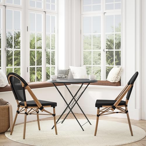 Flash Furniture Marseille 2 Pack Indoor/Outdoor Commercial Bistro Stack Chairs - Black Textilene Back and Seat - Natural Bamboo Print Aluminum Frame