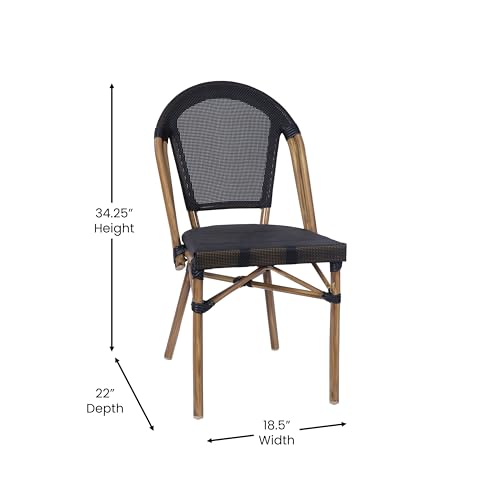 Flash Furniture Marseille 2 Pack Indoor/Outdoor Commercial Bistro Stack Chairs - Black Textilene Back and Seat - Natural Bamboo Print Aluminum Frame