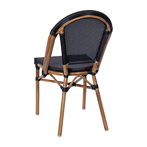 Flash Furniture Marseille 2 Pack Indoor/Outdoor Commercial Bistro Stack Chairs - Black Textilene Back and Seat - Natural Bamboo Print Aluminum Frame
