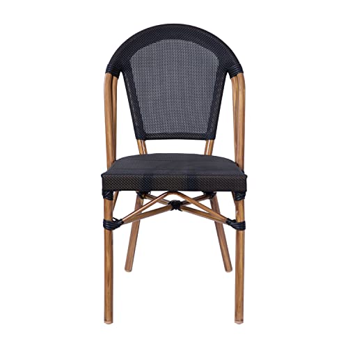 Flash Furniture Marseille 2 Pack Indoor/Outdoor Commercial Bistro Stack Chairs - Black Textilene Back and Seat - Natural Bamboo Print Aluminum Frame