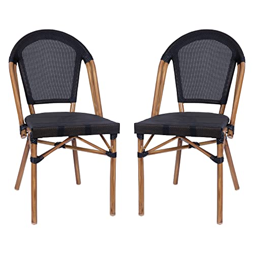 Flash Furniture Marseille 2 Pack Indoor/Outdoor Commercial Bistro Stack Chairs - Black Textilene Back and Seat - Natural Bamboo Print Aluminum Frame