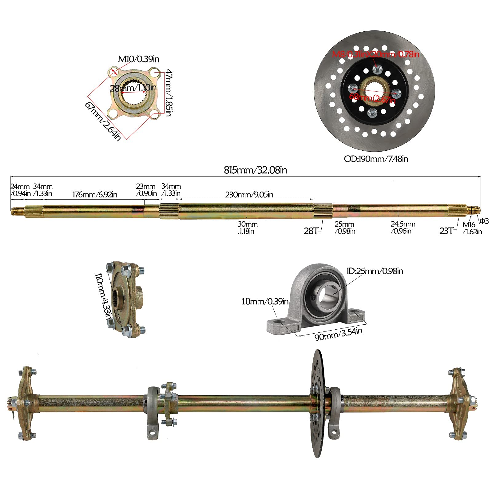 YC Yier 32" Racing Go Kart Rear Axle Complete Kit 5" Wheels Tires Front Steering Assembly Brake 420 Sprocket for ATV Quad Go Cart Drift Trike Karting
