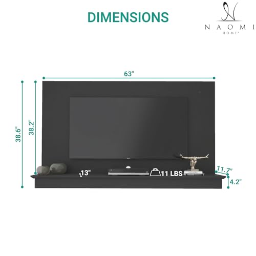 Naomi Home Deborah Floating Entertainment Center for up to 55 inch TVs, TV Wall Panel with LED Strip and Shelf, Floating TV Stand, Black