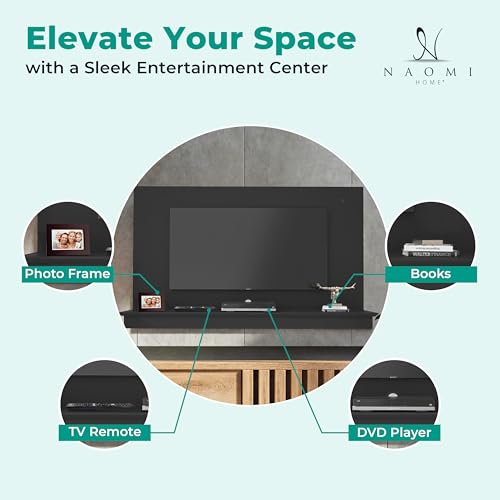 Naomi Home Deborah Floating Entertainment Center for up to 55 inch TVs, TV Wall Panel with LED Strip and Shelf, Floating TV Stand, Black