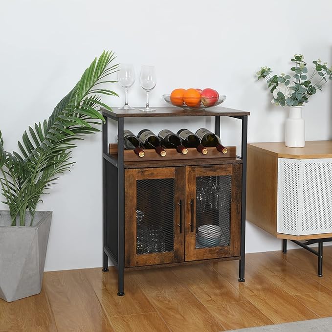 Fancial Wine Bar Rack Cabinet with Detachable Wine Rack, Coffee Bar Cabinet with Glass Holder, Small Sideboard and Buffet Cabinet with Mesh Door, Rustic Brown(Patent Pending)