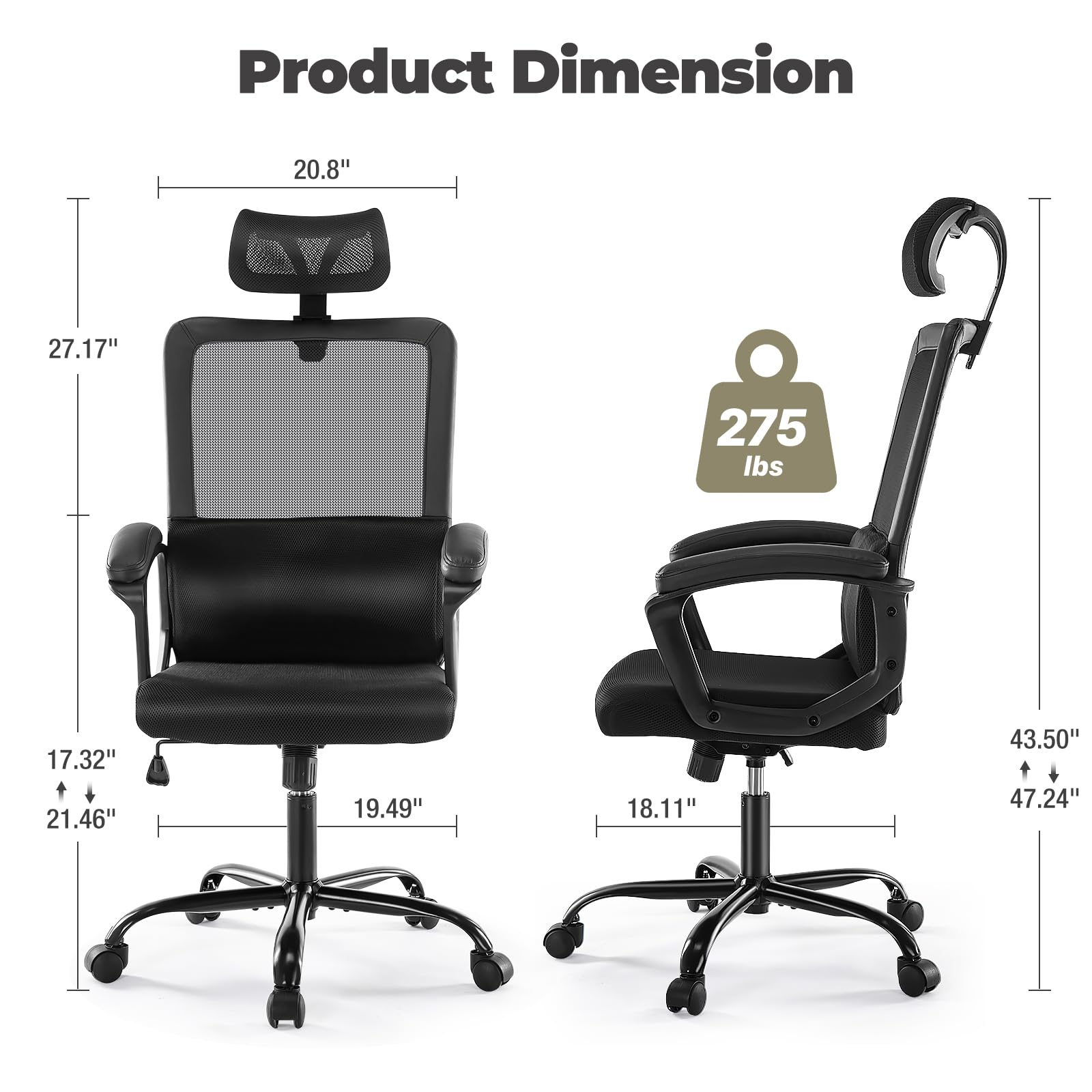 NEWBULIG Desk Ergonomic Office High Back Computer Adjustable Headrest Mesh Task Chair with Lumbar Support/Padded Armrests/Tilt Function, Black