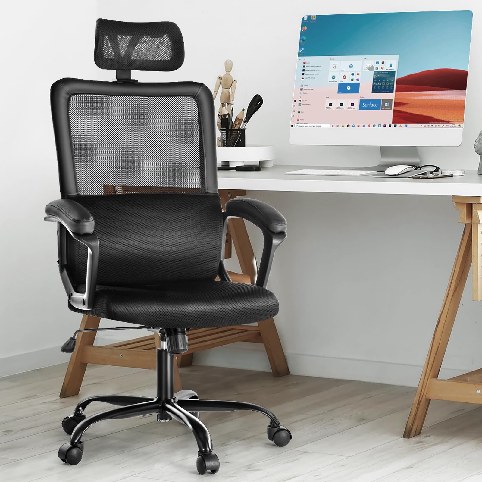 NEWBULIG Desk Ergonomic Office High Back Computer Adjustable Headrest Mesh Task Chair with Lumbar Support/Padded Armrests/Tilt Function, Black