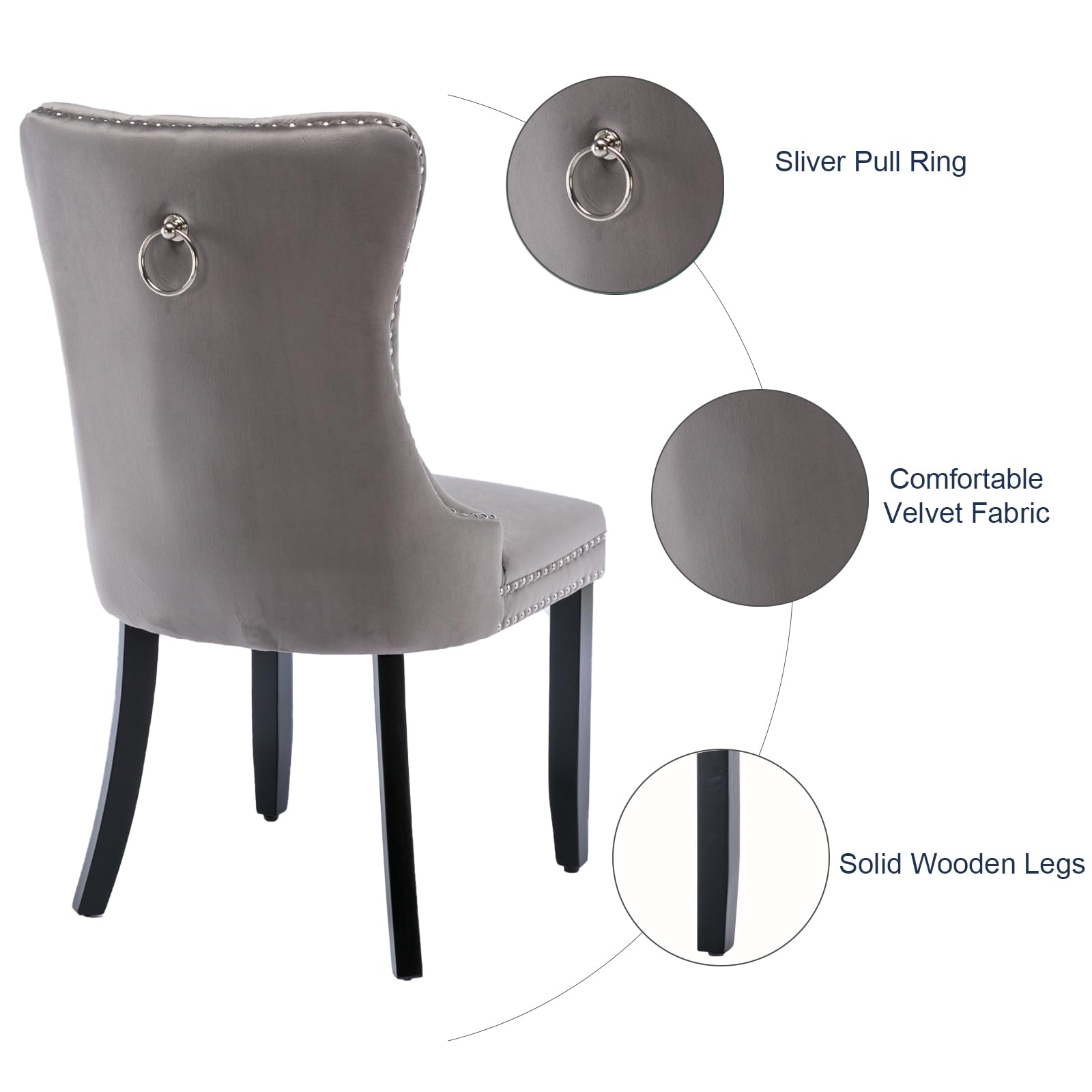 MZDOO Velvet Dining Chairs Set of 6, Tufted Upholstered Dining Room Chairs with Back Ring Pull, Nailhead Trim and Solid Wood Legs, Modern Dining Chair for Dining Room, Kitchen(Grey)