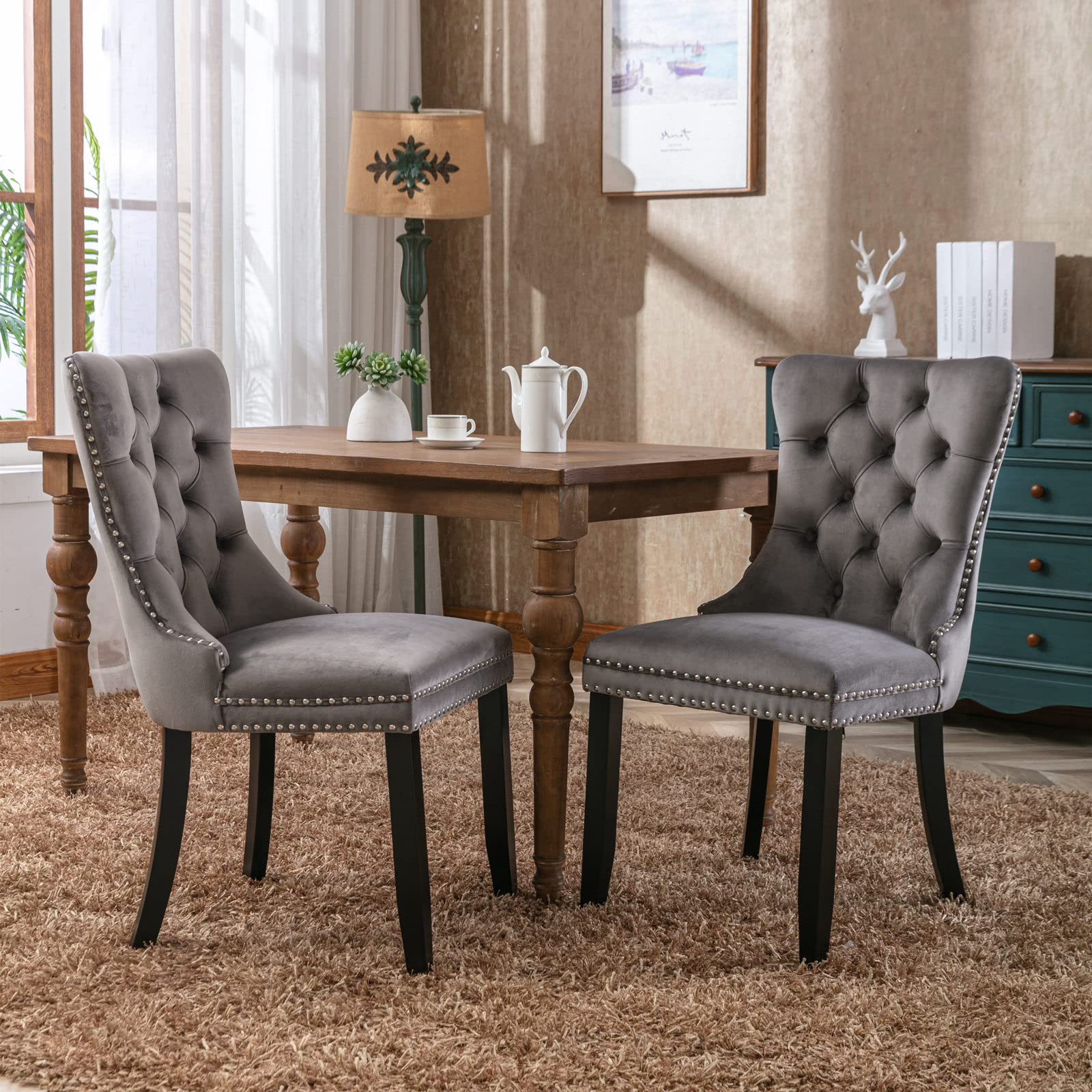 MZDOO Velvet Dining Chairs Set of 6, Tufted Upholstered Dining Room Chairs with Back Ring Pull, Nailhead Trim and Solid Wood Legs, Modern Dining Chair for Dining Room, Kitchen(Grey)