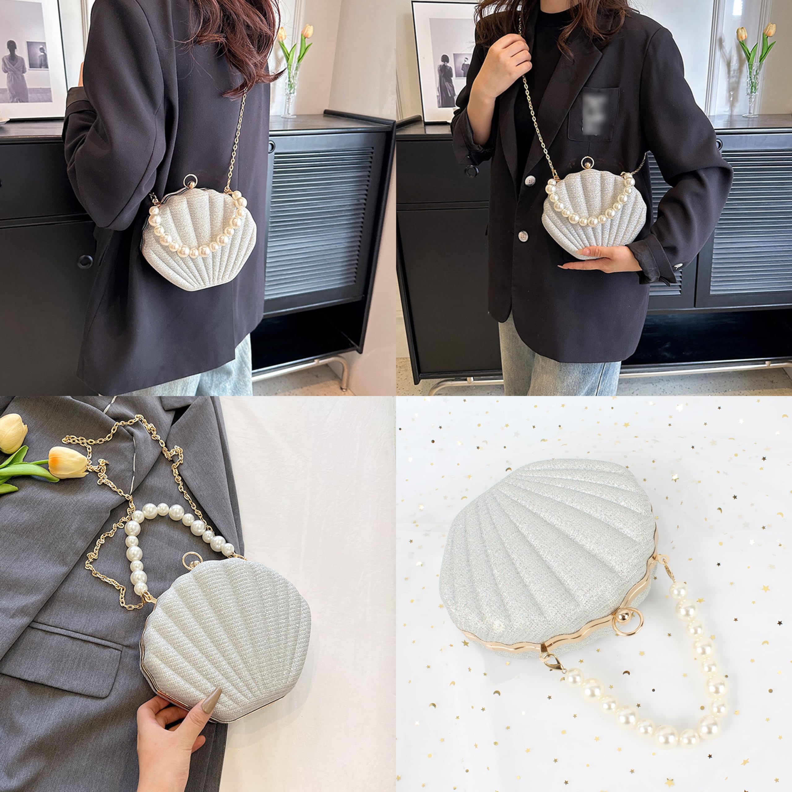 Women Mini Sequins Seashell Clutch Pearls Top-Handle Bag Chain Strap Cross-body Bag